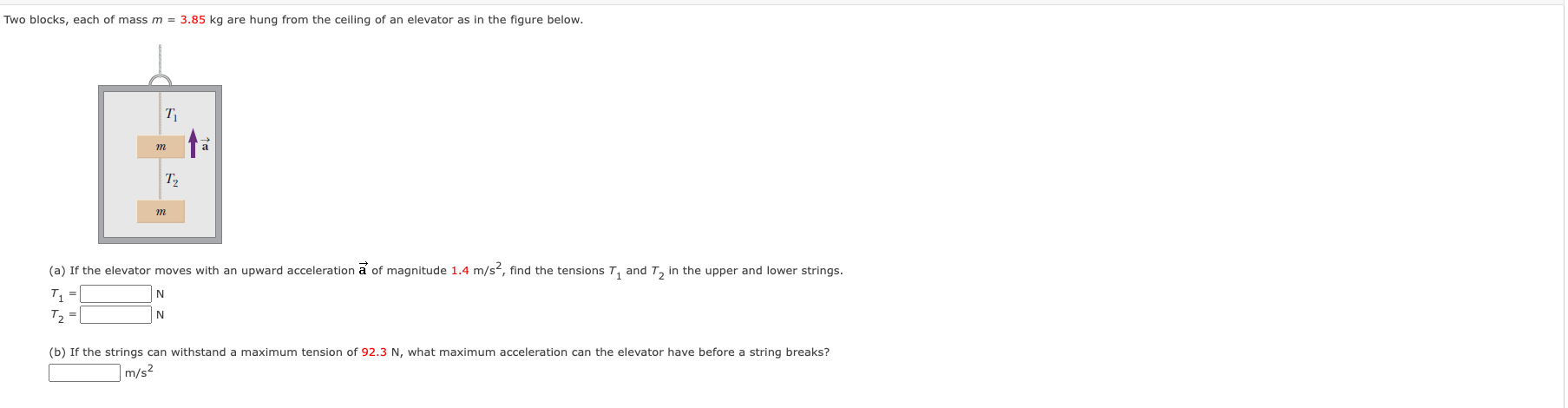 Solved Two blocks, each of mass m=3.85 kg are hung from the | Chegg.com
