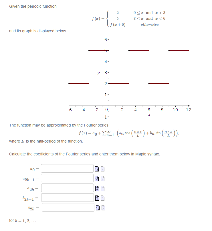 Solved Given the periodic function f(x)=⎩⎨⎧25f(x+6)0≤x and | Chegg.com