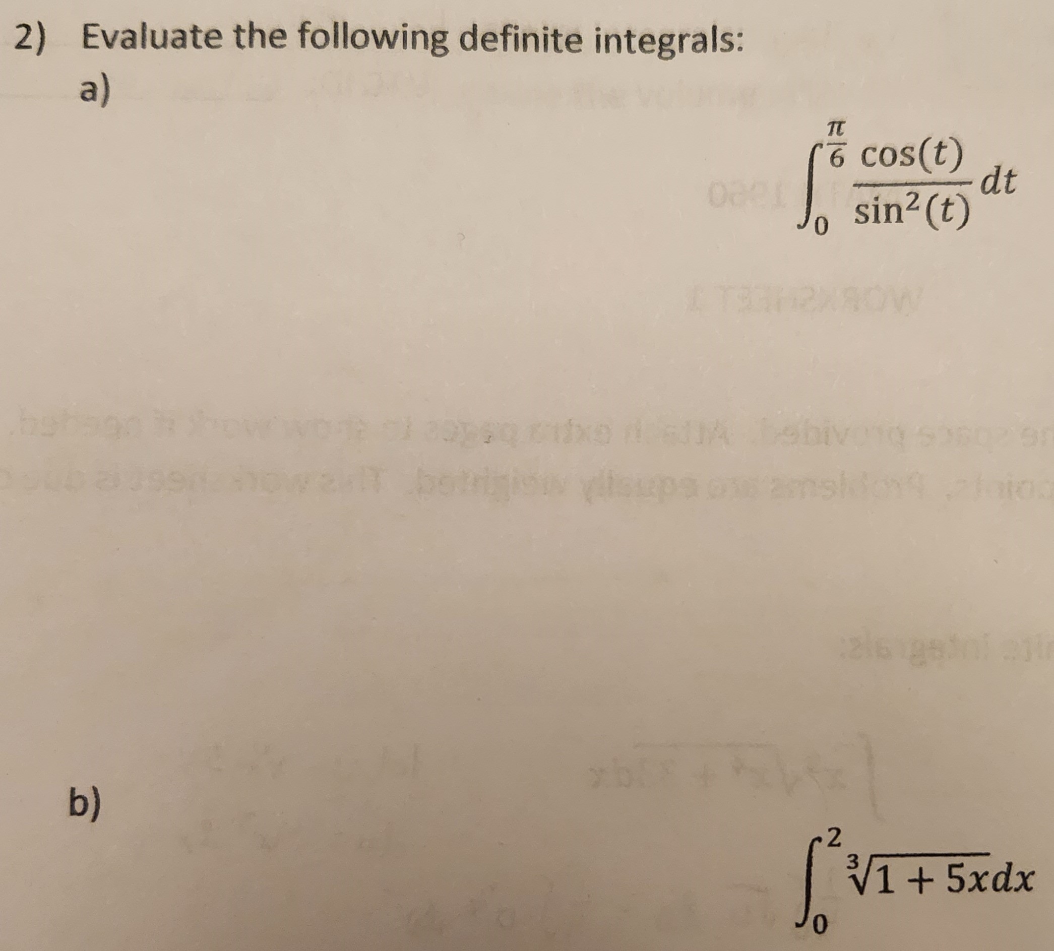 Solved 2) Evaluate the following definite integrals: a) | Chegg.com