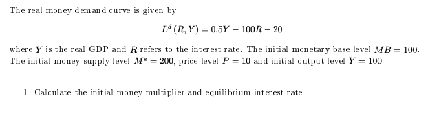 Solved The real money demand curve is given by: L' (R,Y)= | Chegg.com