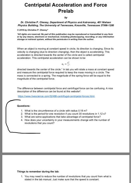 Solved Centripetal Acceleration and Force Prelab by Dr. | Chegg.com