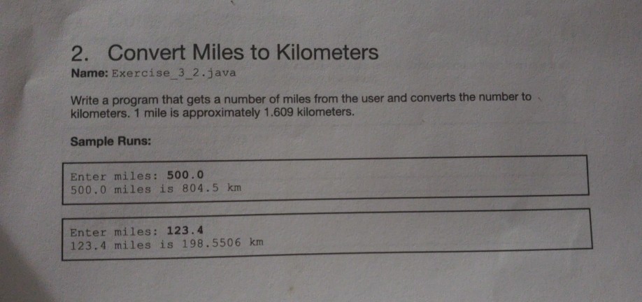 Solved 2. Convert Miles to Kilometers Name: Exercise 3 | Chegg.com