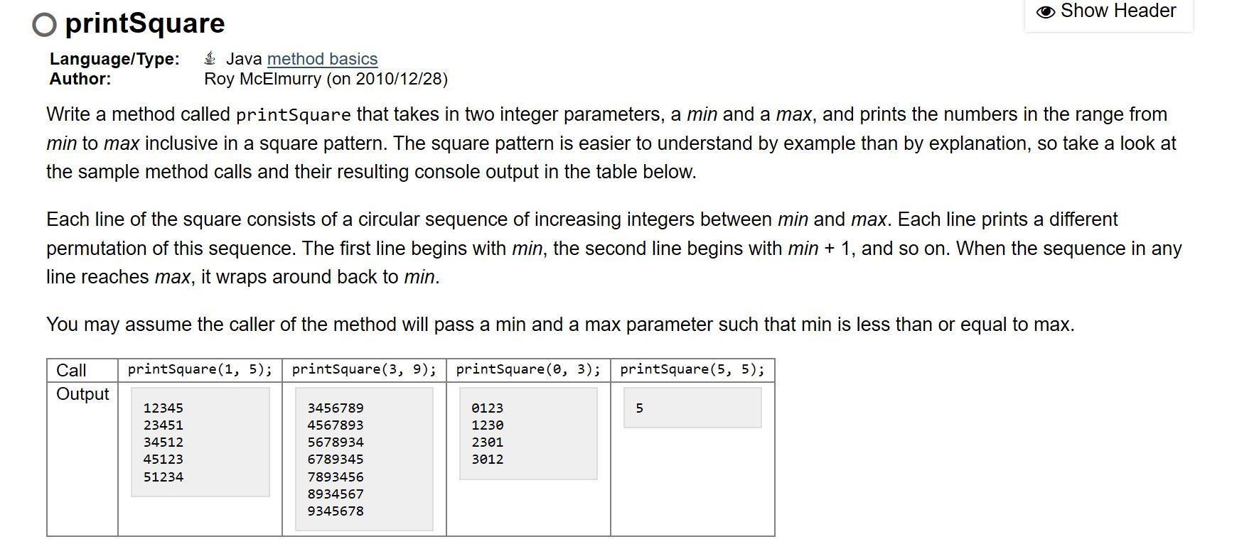 Solved Show Header O printSquare Language/Type: $ Java | Chegg.com