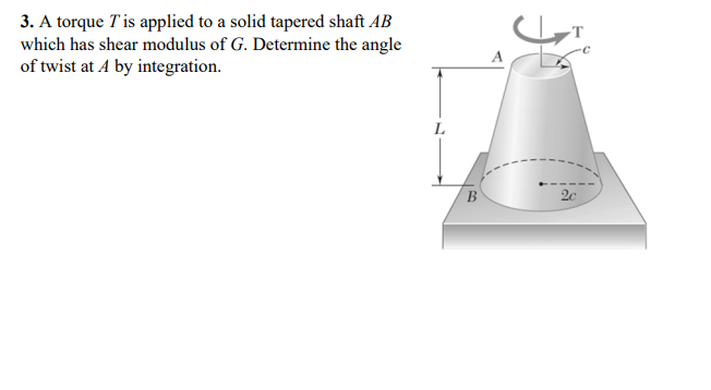 Solved 3. A torque T'is applied to a solid tapered shaft AB | Chegg.com