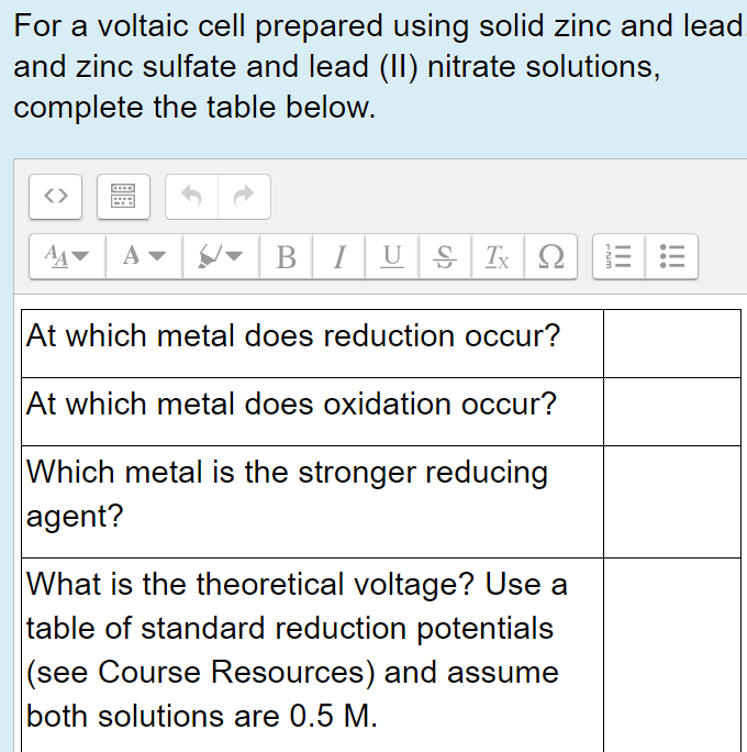Solved For a voltaic cell prepared using solid zinc and lead | Chegg.com
