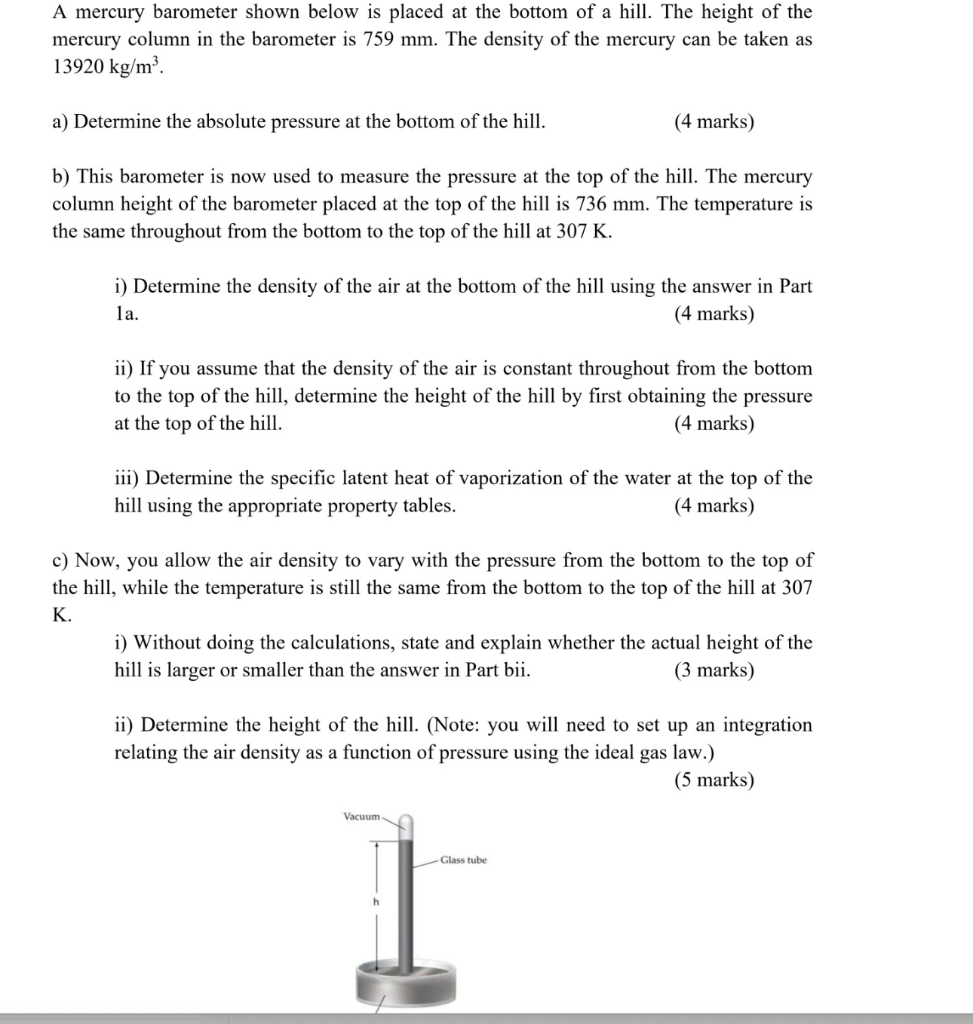 Solved A mercury barometer shown below is placed at the | Chegg.com