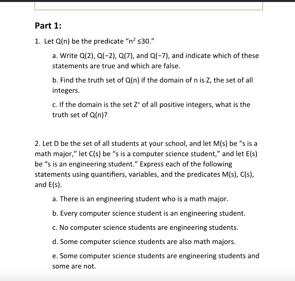 Solved 1. Let Q(n) be the predicate " n2≤30." a. Write | Chegg.com