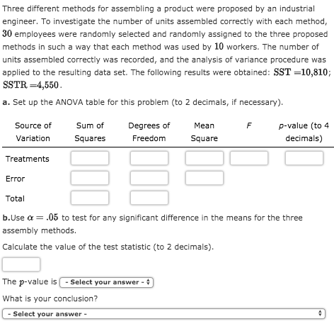 Solved Three different methods for assembling a product were | Chegg.com