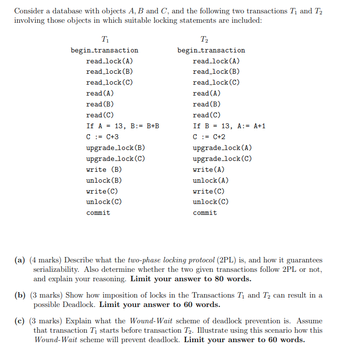 Solved Consider a database with objects A, B and C, and the | Chegg.com