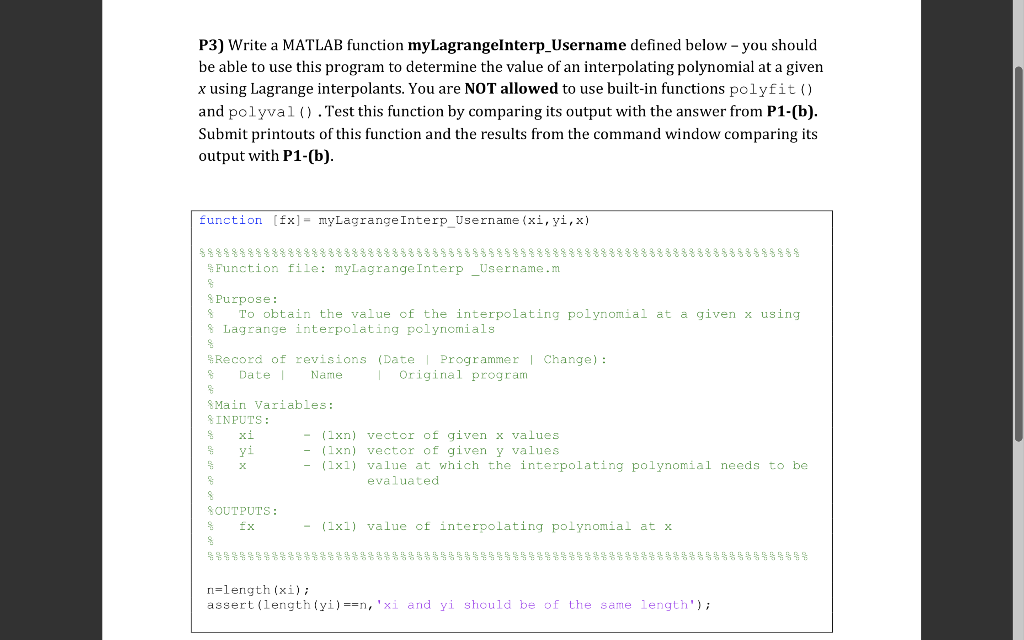 Solved P3) Write a MATLAB function myLagrangeInterp_Username | Chegg.com