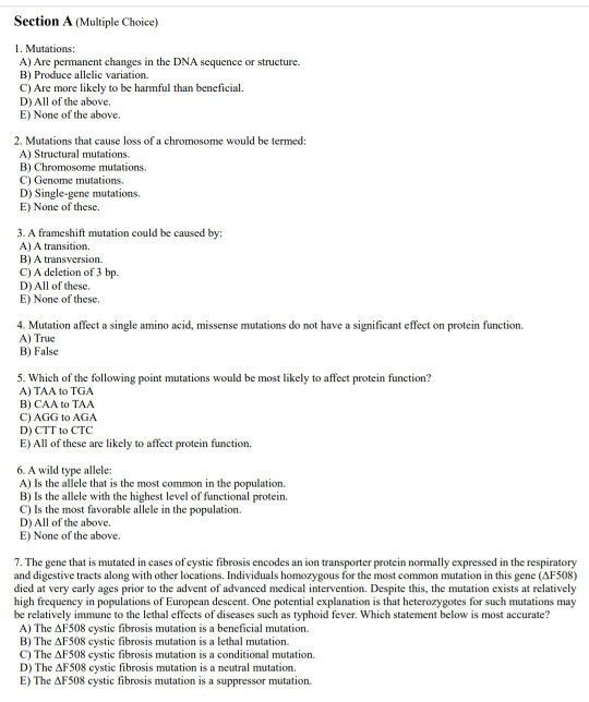 Solved Section A (Multiple Choice) 1. Mutations: A) Are | Chegg.com