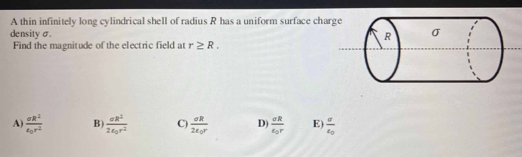 Solved A thin infinitely long cylindrical shell of radius R | Chegg.com