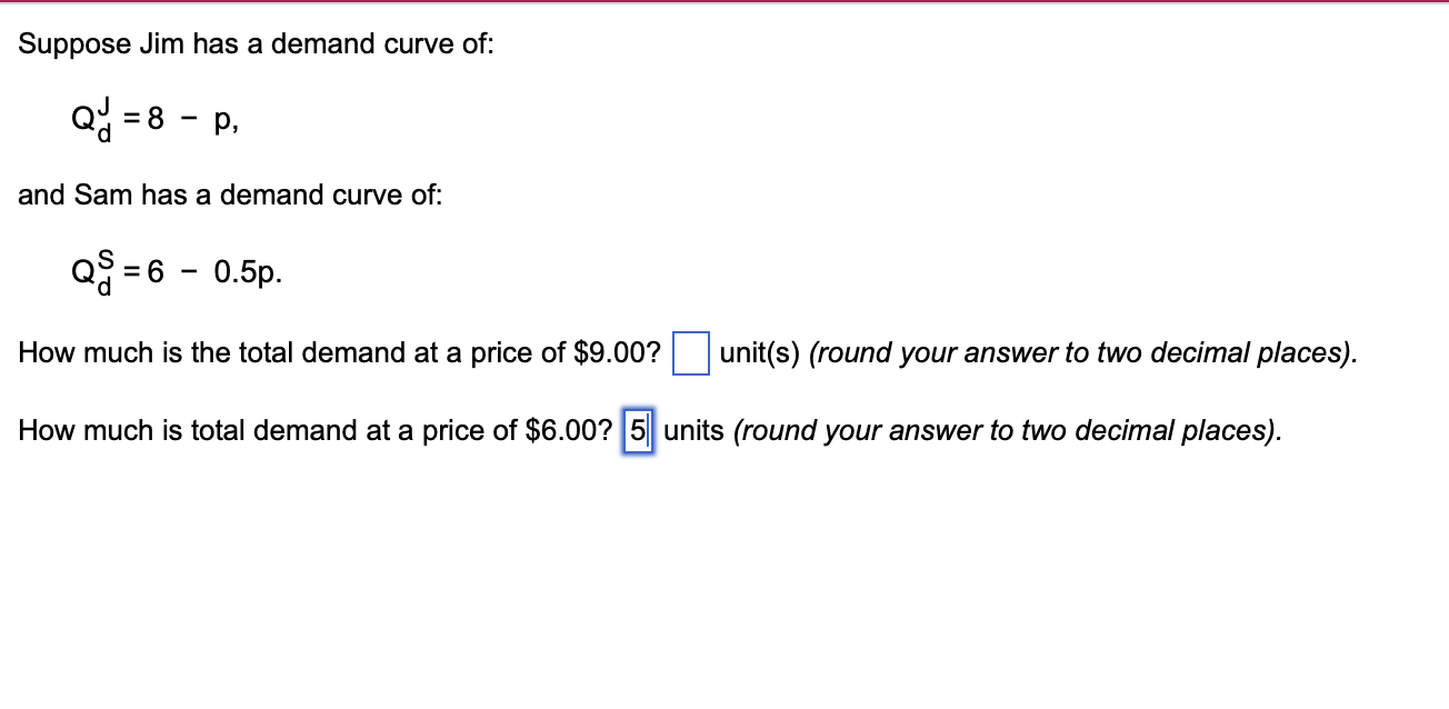 Solved Suppose Jim has a demand curve of:QdJ=8-p,and Sam has | Chegg.com