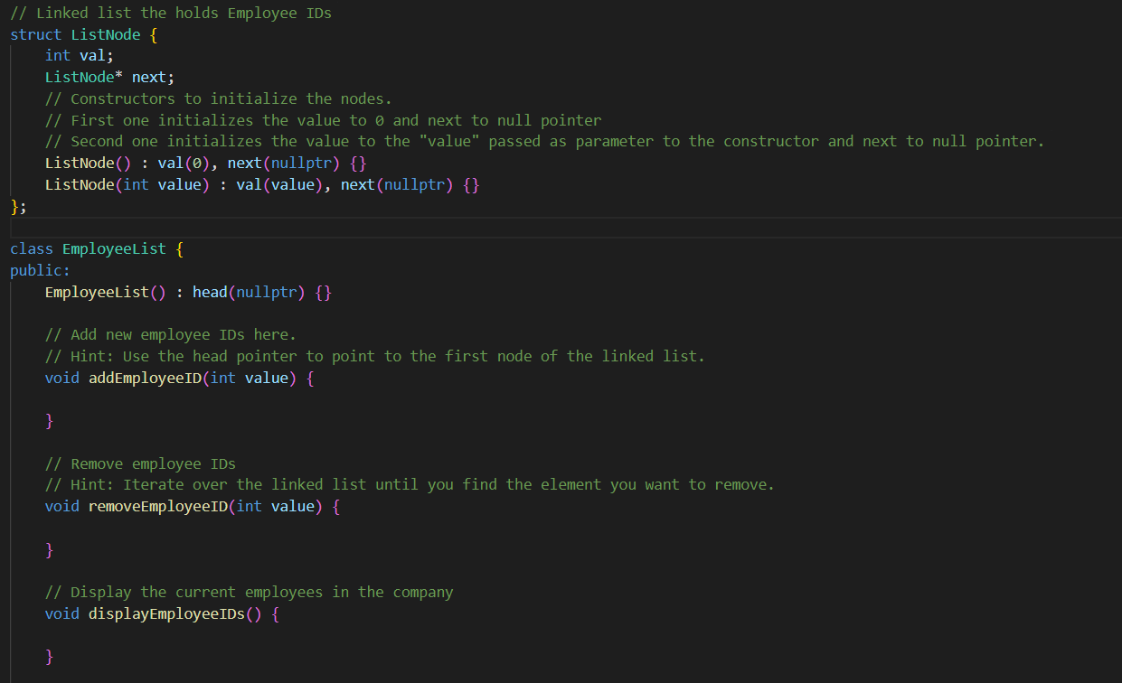Solved // ﻿Linked list the holds Employee IDsstruct ListNode | Chegg.com