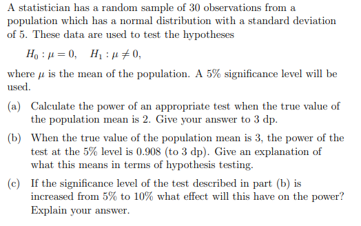 Solved A statistician has a random sample of 30 observations | Chegg.com