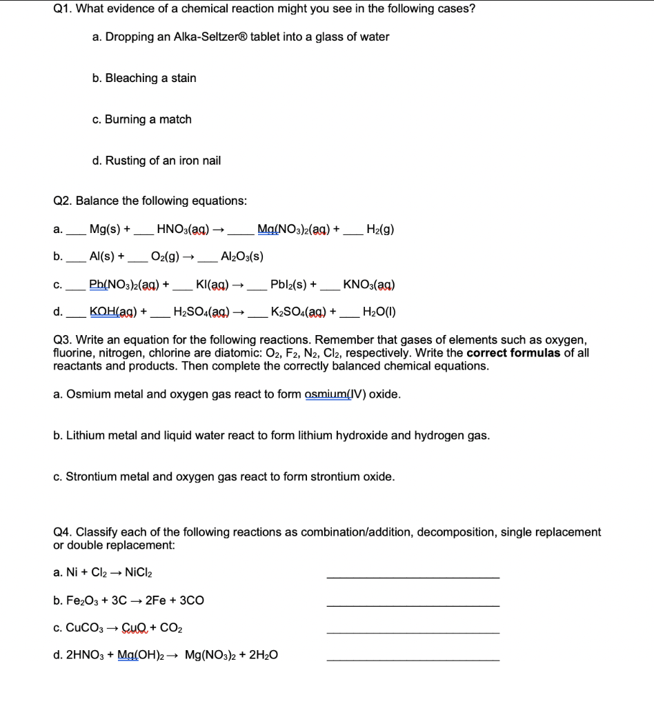 Solved Q1. What evidence of a chemical reaction might you | Chegg.com