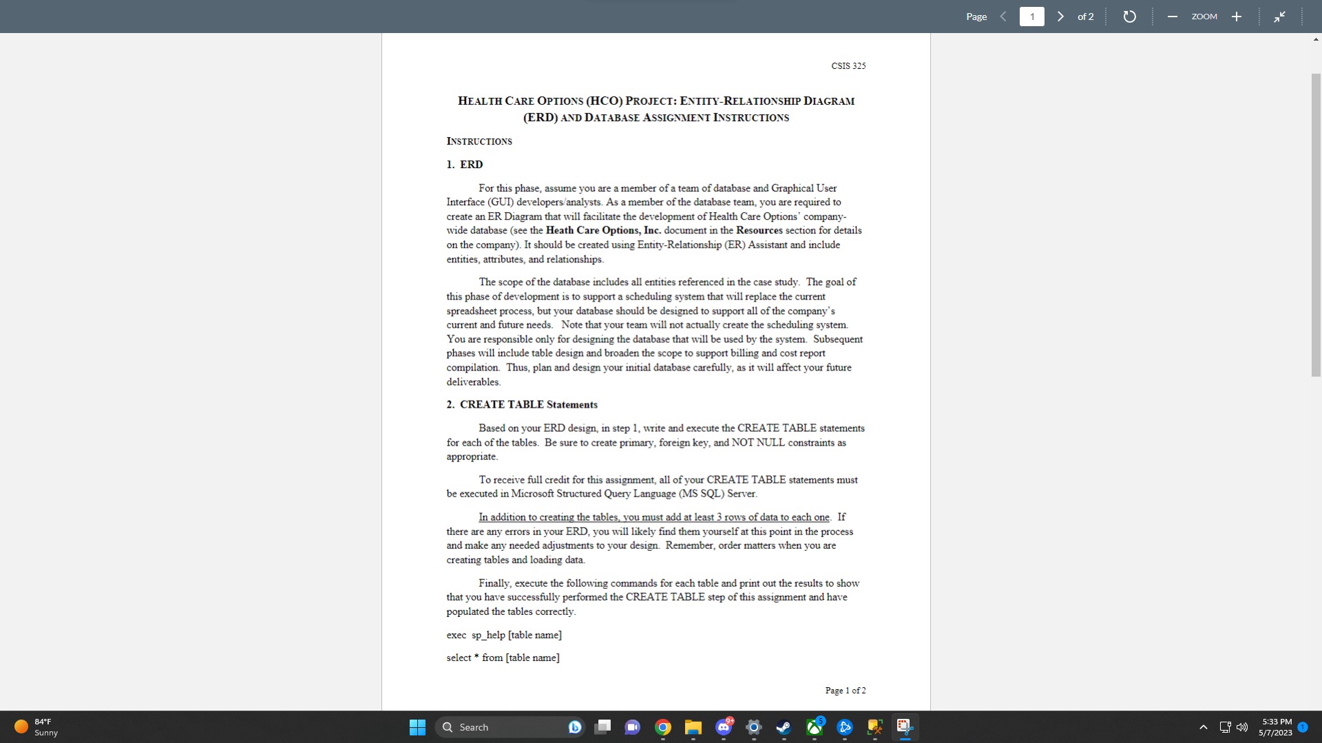 Solved CSIS 325 HEALTH CARE OPTIONS (HCO) PROJECT: | Chegg.com