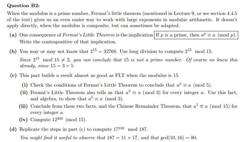 Solved Question B2: When the modulus is a prime number, | Chegg.com