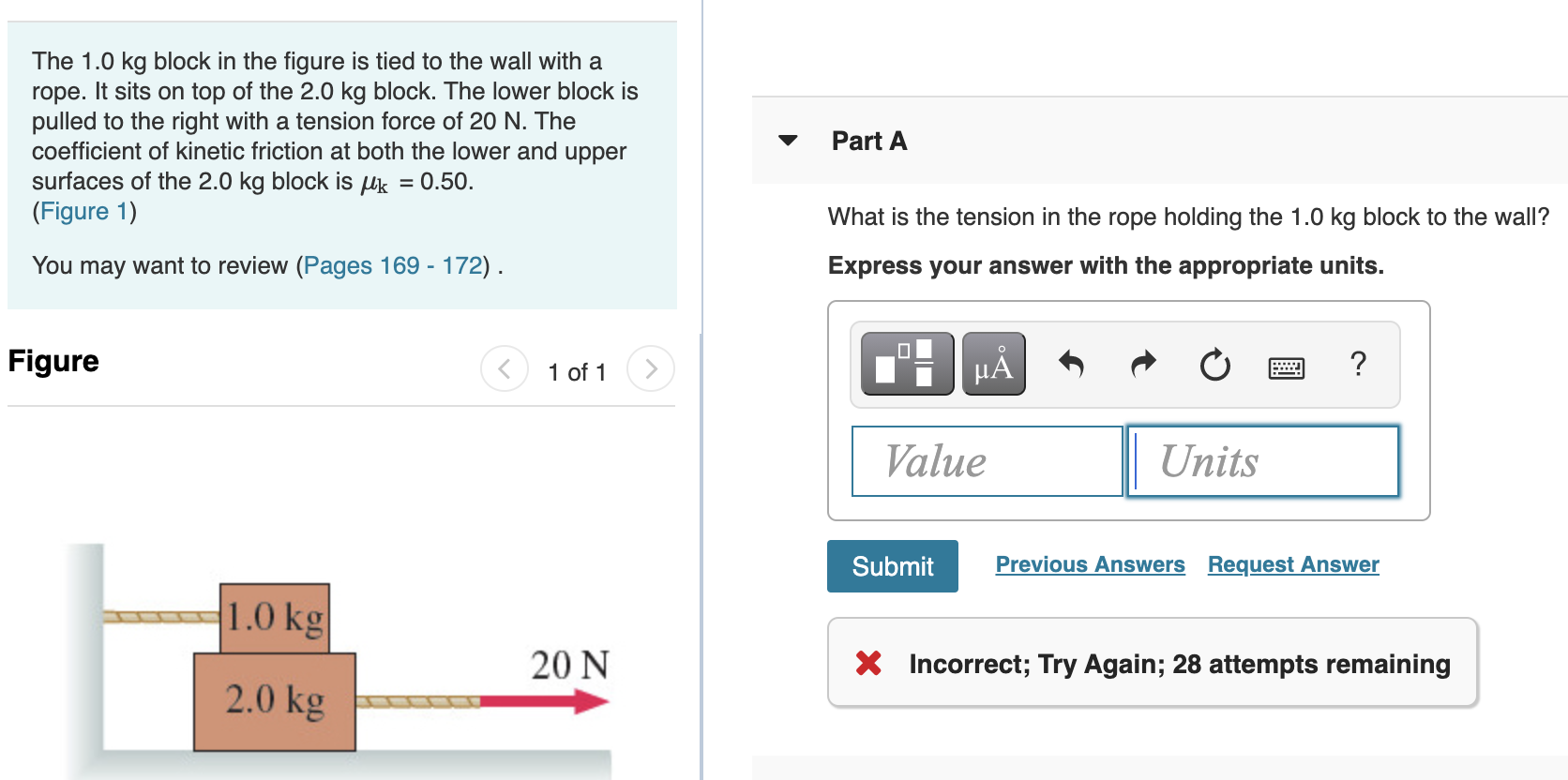 Solved The 1.0 kg block in the figure is tied to the wall | Chegg.com