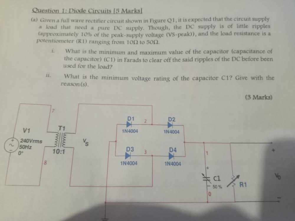 Solved Question 1: Diode Circuits (5 Marks) (a) Given a full | Chegg.com