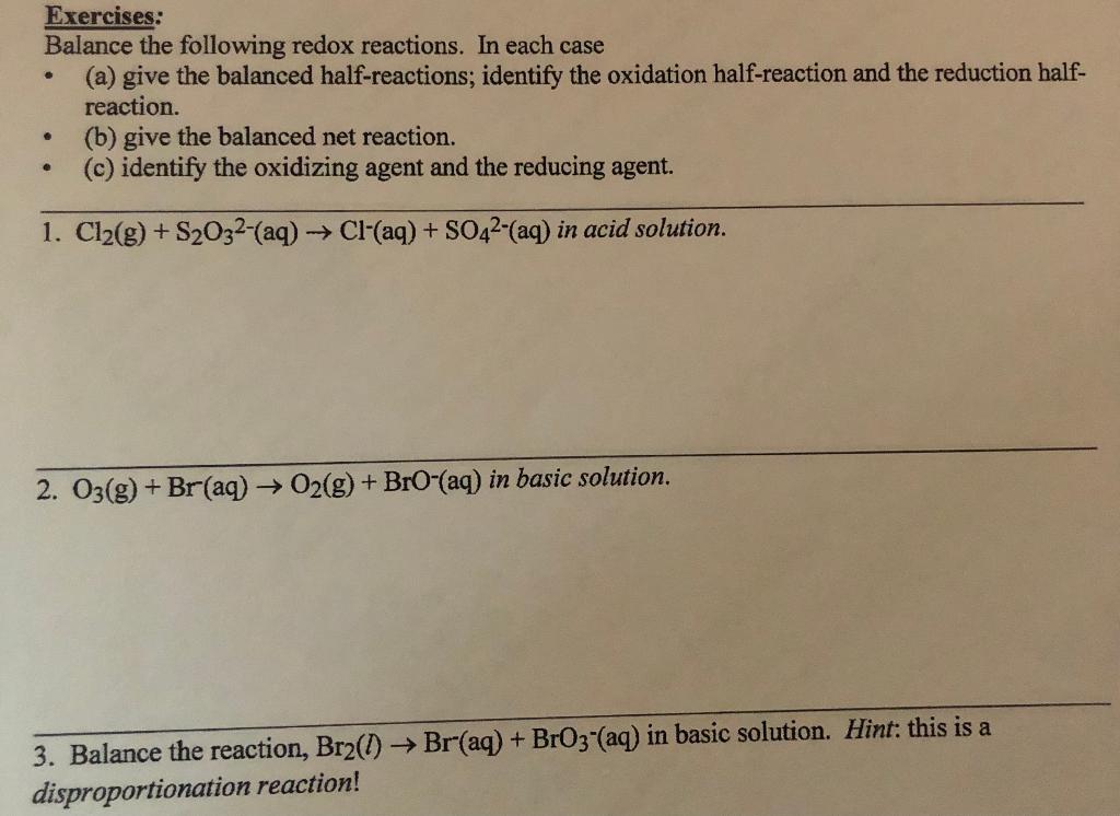 Solved Exercises: Balance the following redox reactions. In | Chegg.com