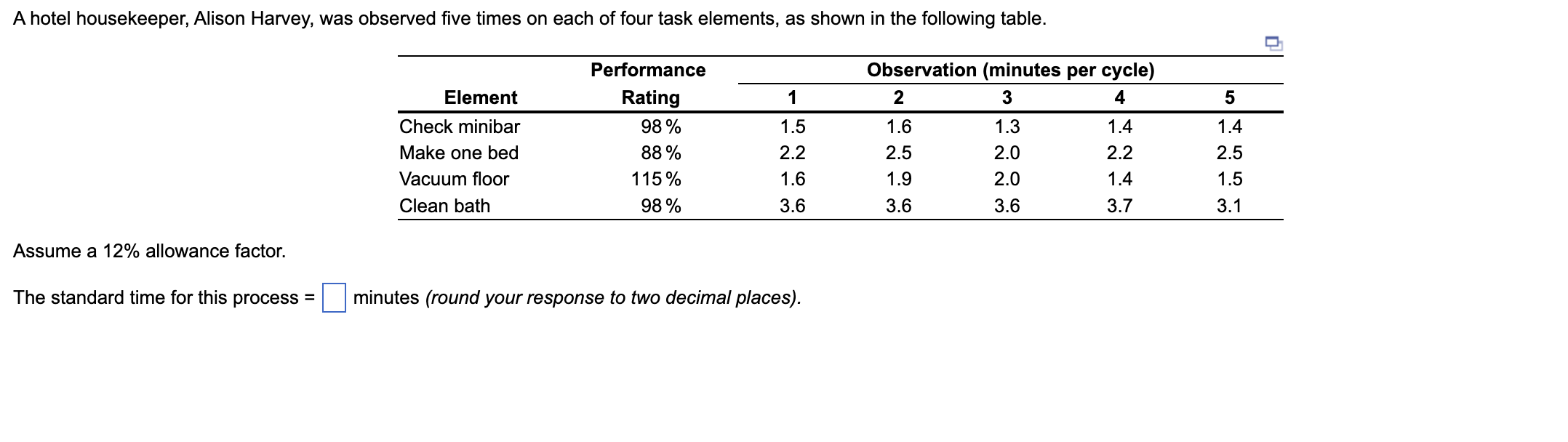 Solved Assume a 12% allowance factor. The standard time for | Chegg.com