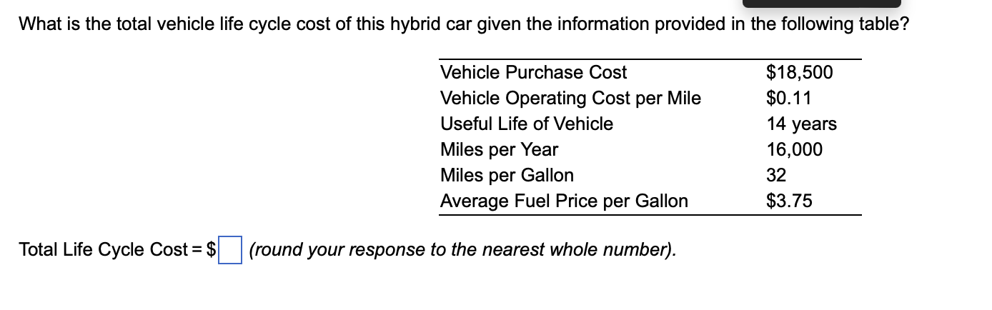 Solved What is the total vehicle life cycle cost of this | Chegg.com