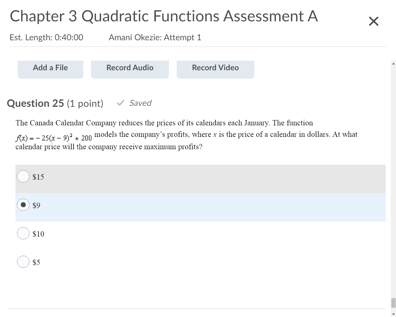 Solved Chapter 3 Quadratic Functions Assessment A Х Est. | Chegg.com