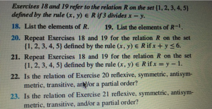 Solved Exercises 18 and 19 refer to the relation R on the | Chegg.com