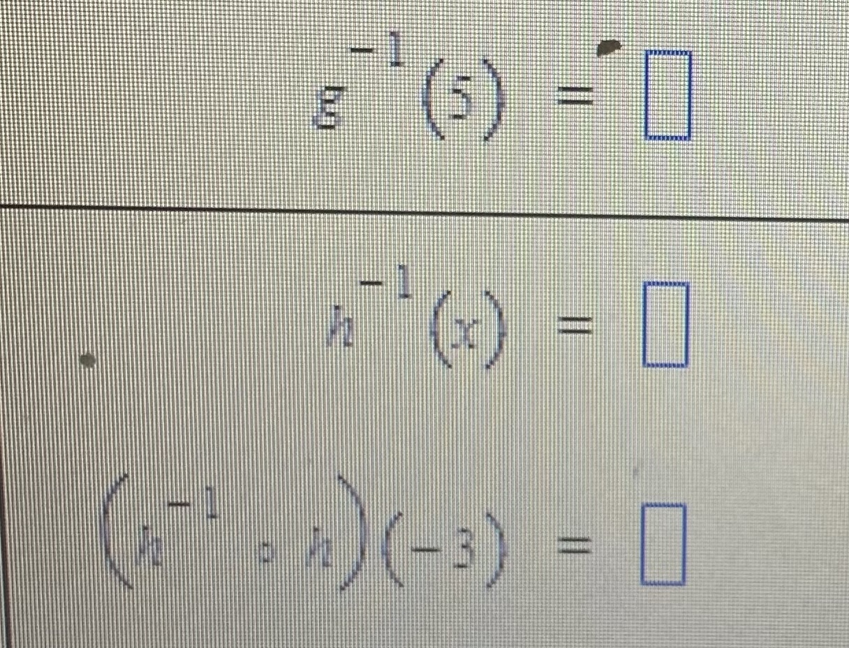 Solved g−1(5)= h−1(x)= (h−1⋅h)(−3)=g={(−8,5),(−5,1),(2,−3),( | Chegg.com
