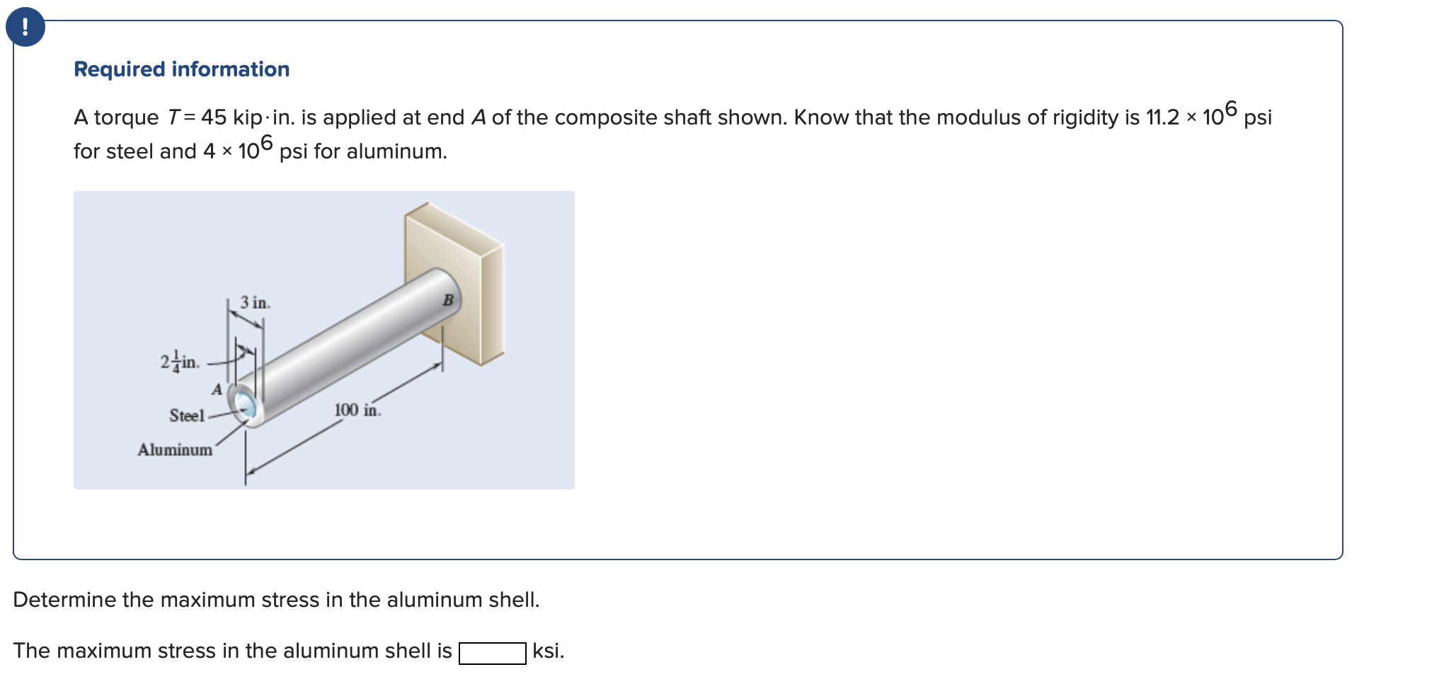 Solved ! Required information A torque T= 45 kip-in. is | Chegg.com