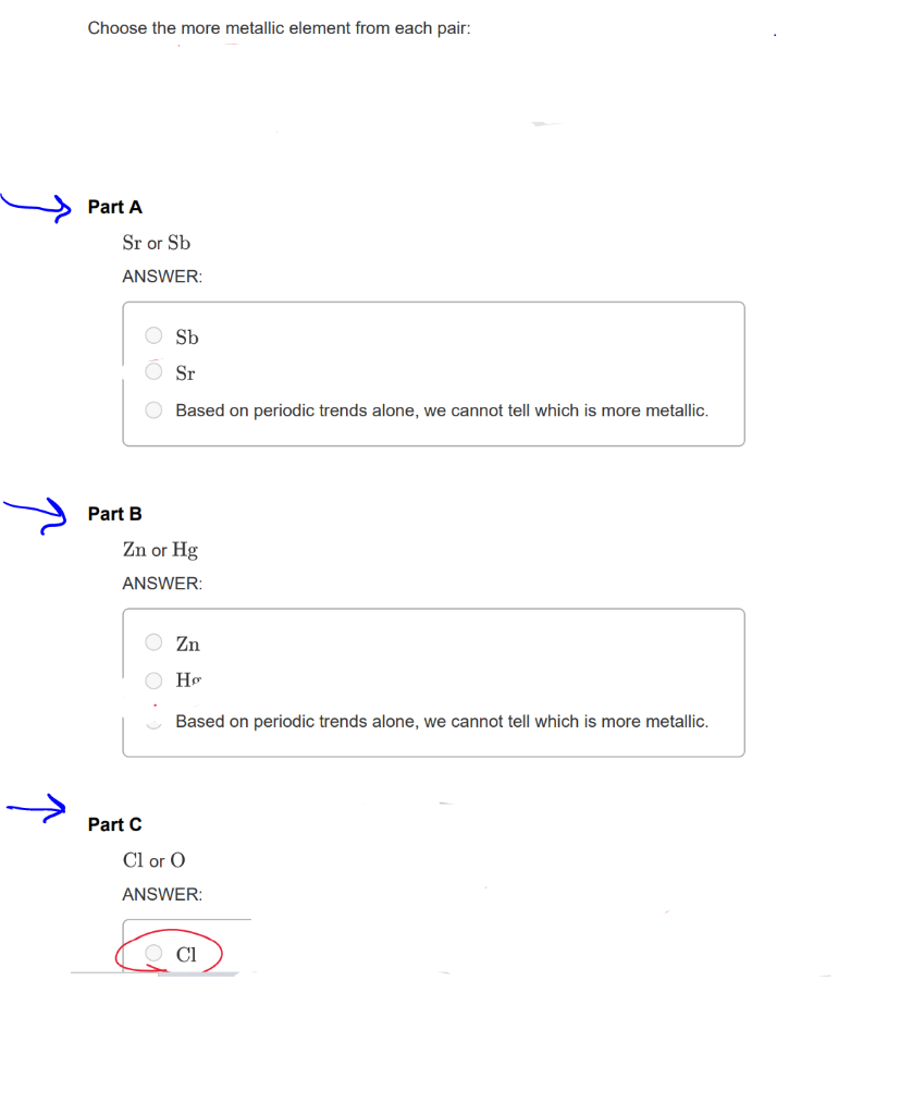 Solved Choose the more metallic element from each pair: Part | Chegg.com