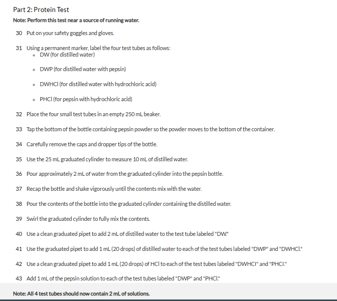 Solved Part 2: Protein Test Note: Perform this test near a | Chegg.com
