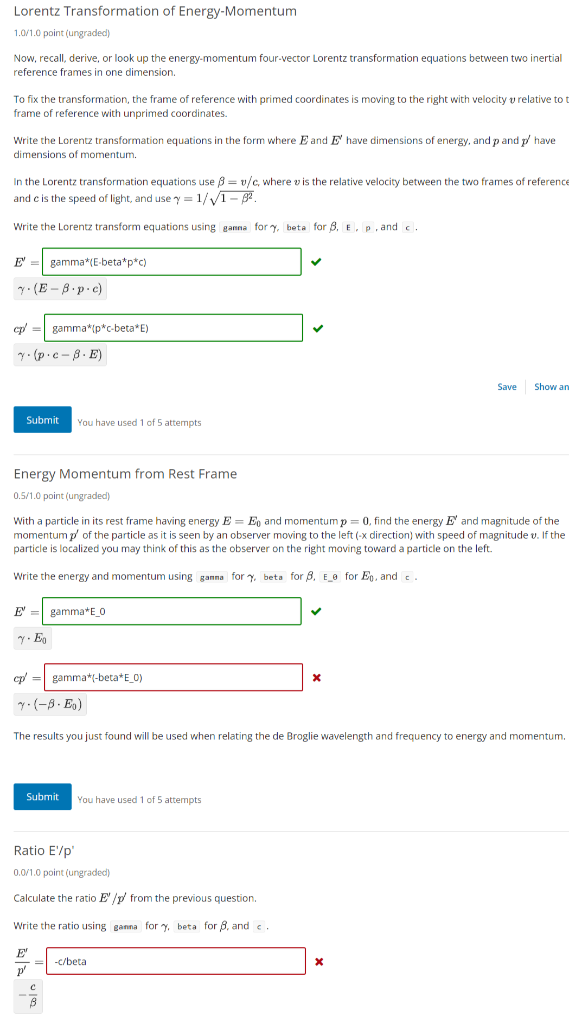 Solved Lorentz Transformation 0 5 1 0 Point Ungraded As A