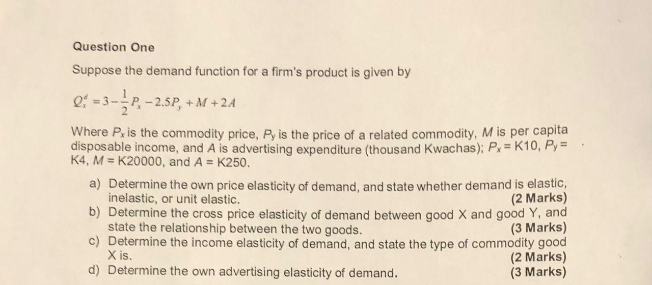 Solved Question One Suppose the demand function for a firm's | Chegg.com