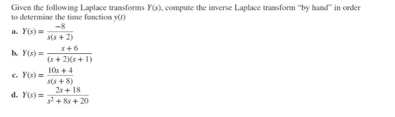 Solved Given the following Laplace transforms Y(s), compute | Chegg.com