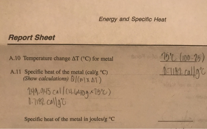 Solved Energy and Specific Heat Report Sheet A.10 | Chegg.com