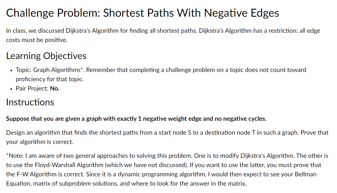 Solved Challenge Problem: Shortest Paths With Negative Edges | Chegg.com