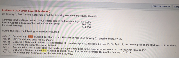 Solved PRINTER VERSION BAC Problem 11-7A (Part Level | Chegg.com