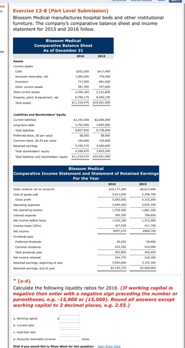 Solved Exercise 12-8 (Part Level Submission) Blossom Medical | Chegg.com