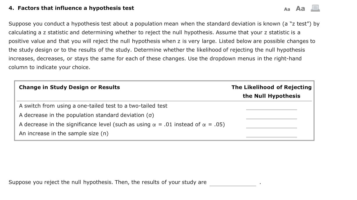 Solved 4 Factors That Influence A Hypothesis Test Aa Aa E