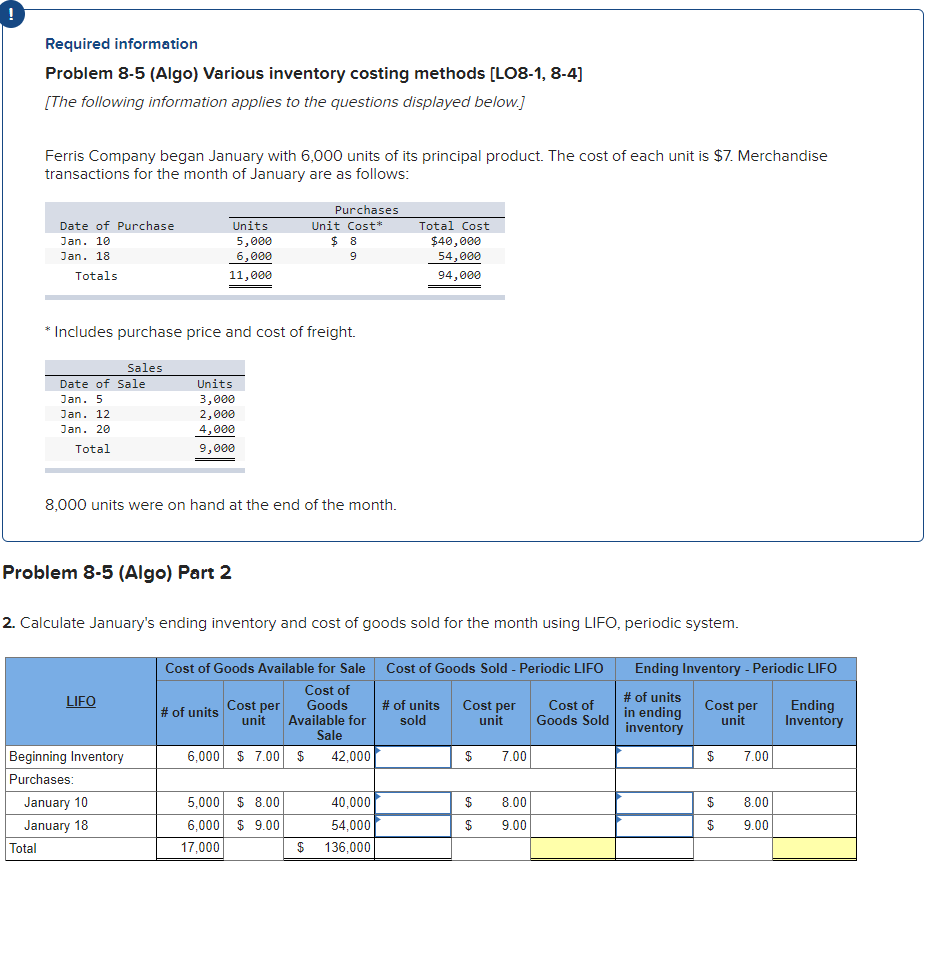 Solved Problem 8-5 (Algo) Various inventory costing methods | Chegg.com