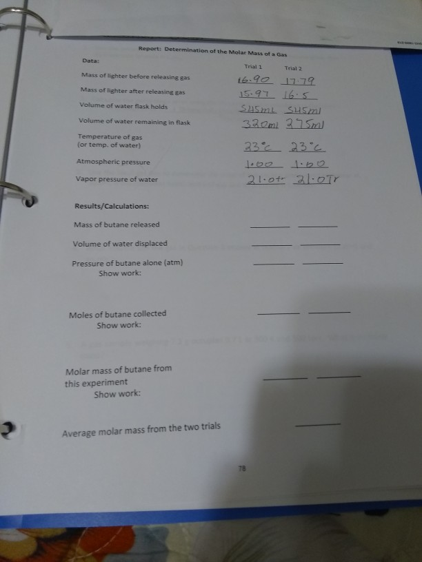 Report: Determination of the Molar Mass of a Gas | Chegg.com