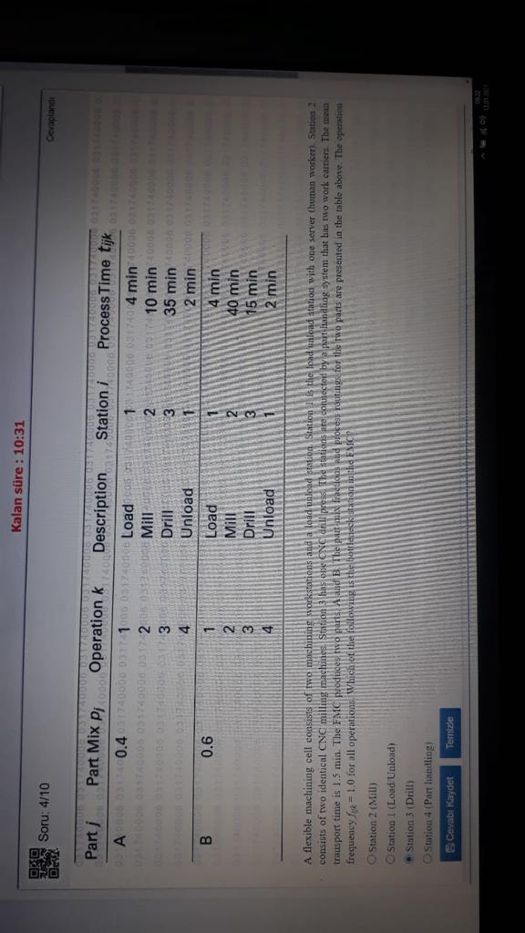 Solved Kalan süre : 10:31Soru: 410Station 2 (Mill)Station | Chegg.com