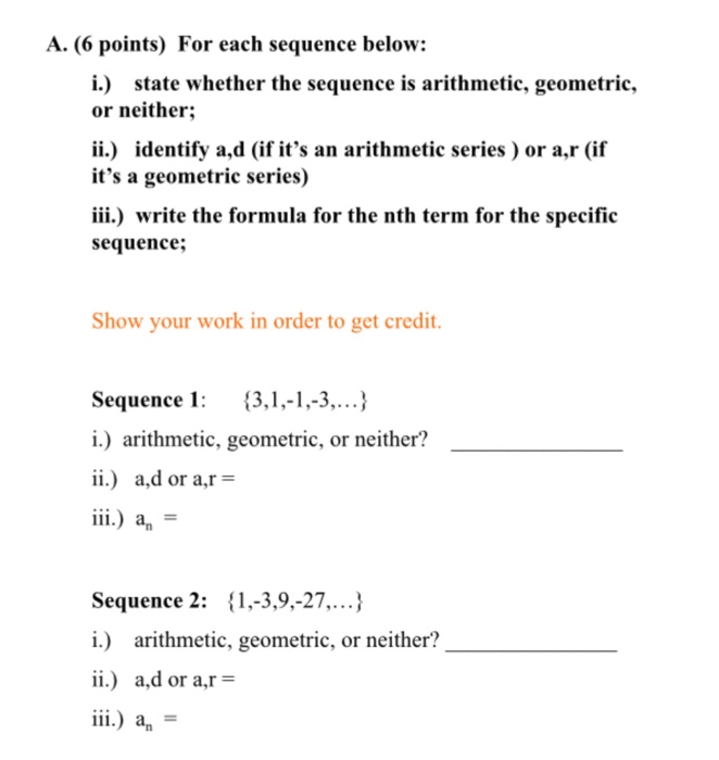 Solved For each sequence below: i.) state whether the | Chegg.com