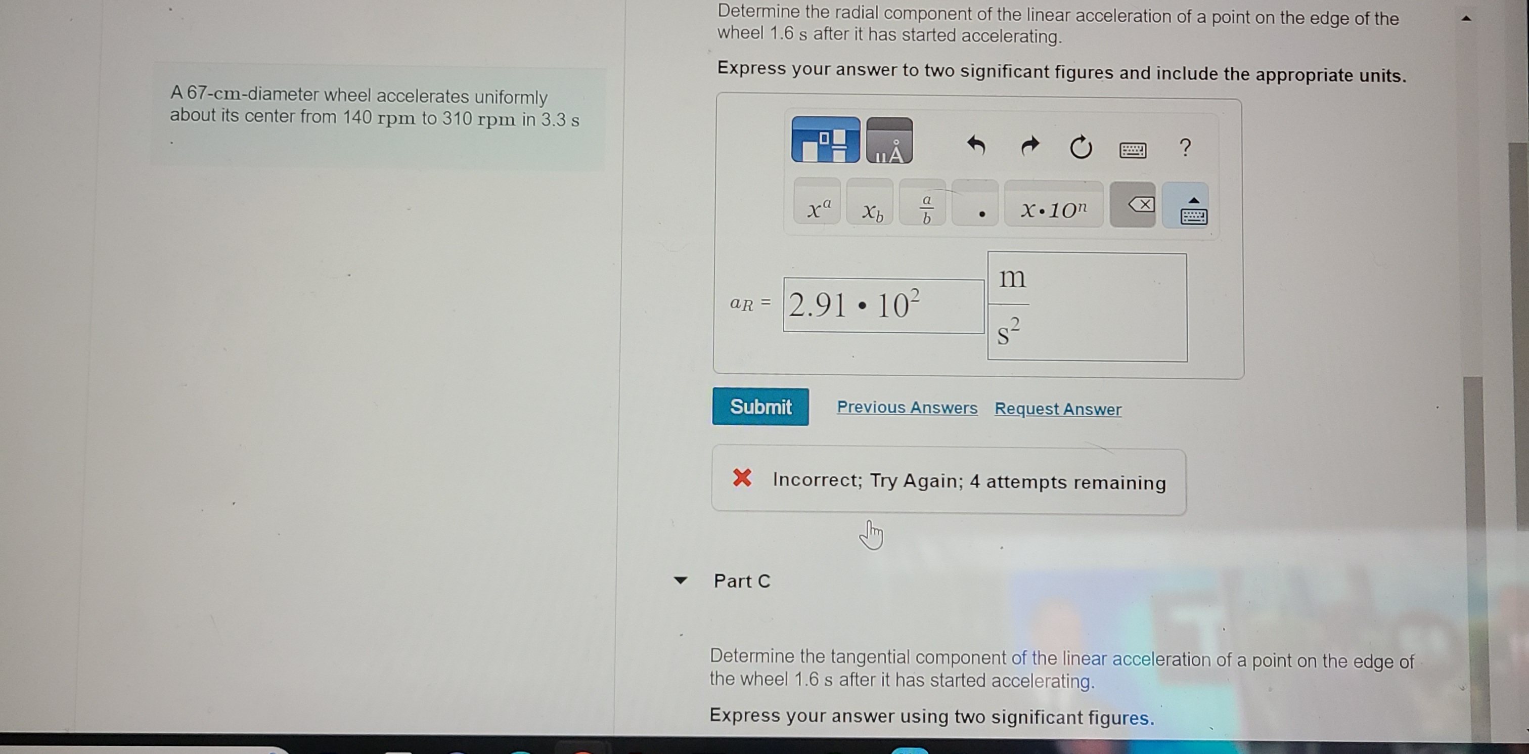 Solved Review Constants Part A A 67-cm-diameter wheel | Chegg.com