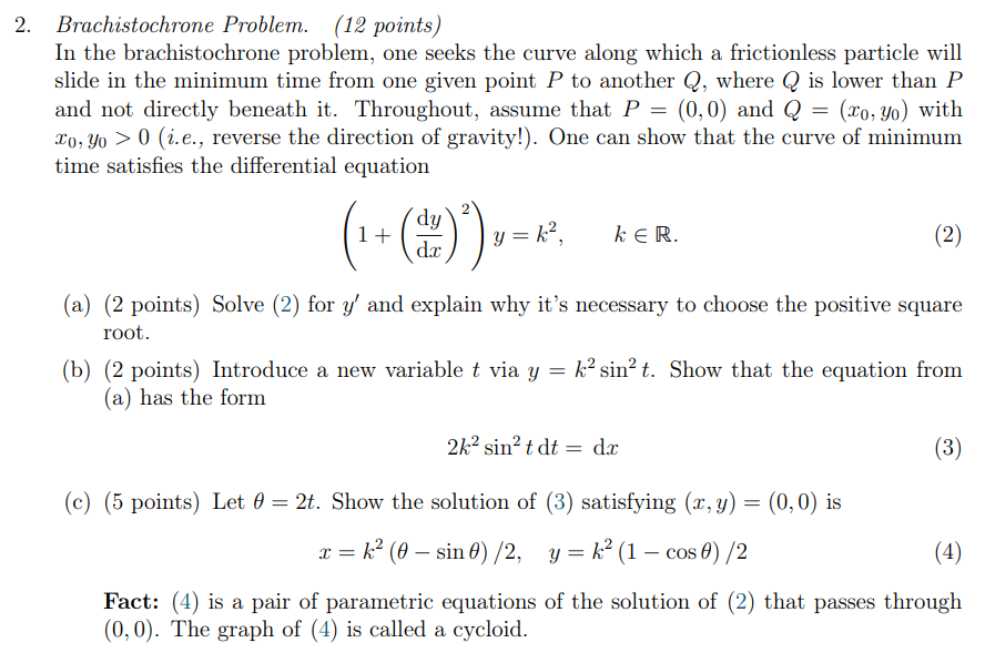 Brachistochrone Problem. (12 points) In the | Chegg.com