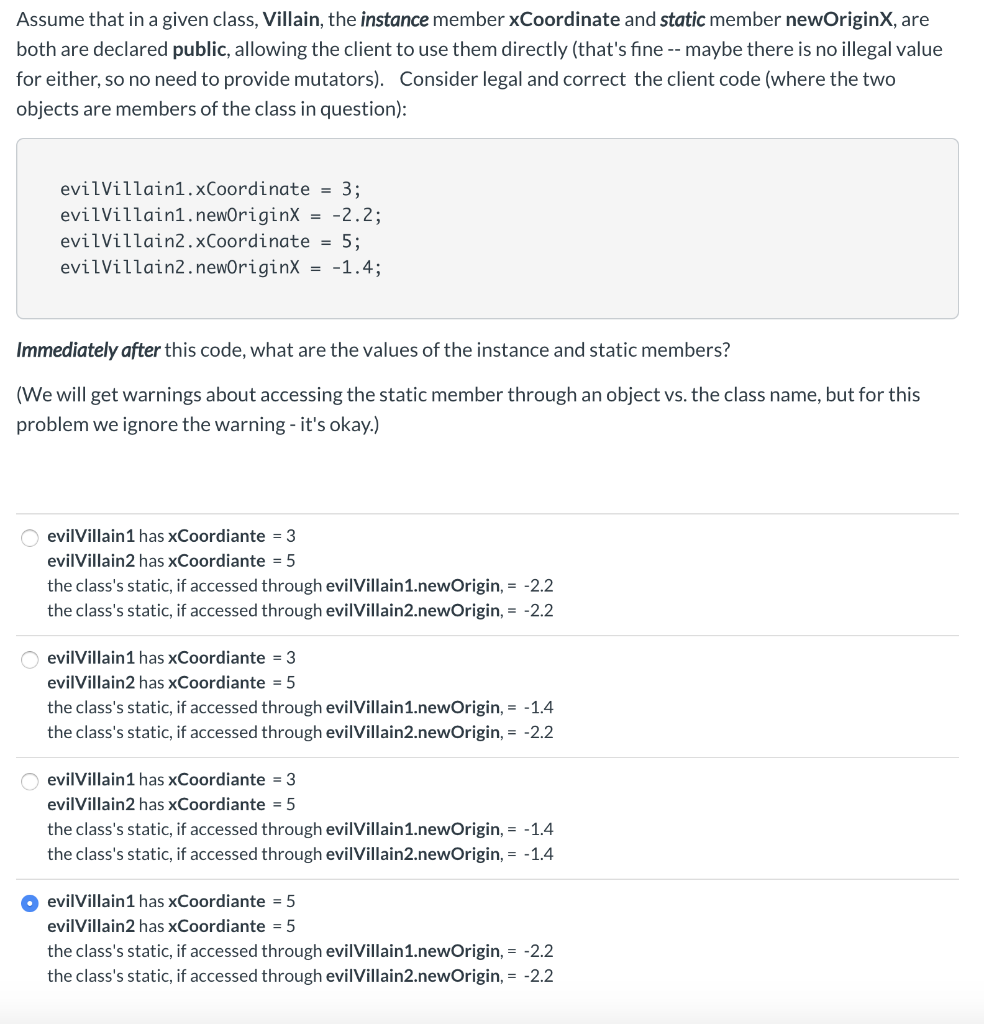 Solved Assume that in a given class, Villain, the instance | Chegg.com