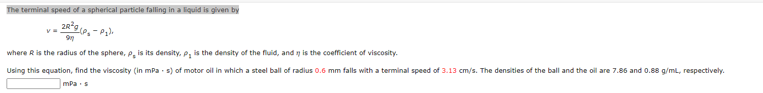 Solved The terminal speed of a spherical particle falling in | Chegg.com