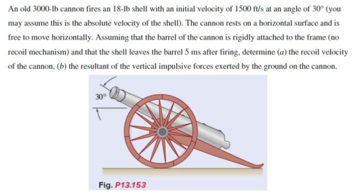 Solved An old 3000-lb cannon fires an 18-lb shell with an | Chegg.com